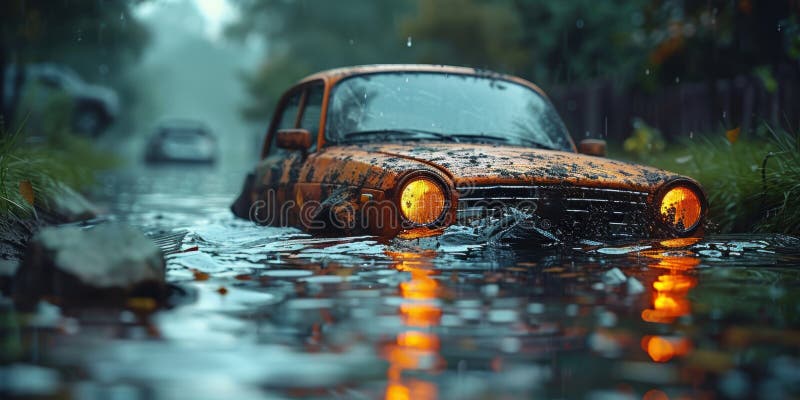 Car Stuck in a Puddle during a Rainy Day. Created by Generative ...
