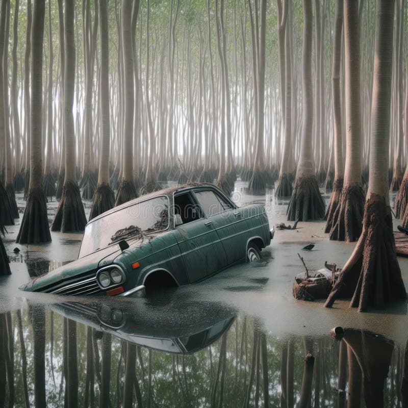 A Car Stuck in a Swamp among the Trees. Stock Illustration ...