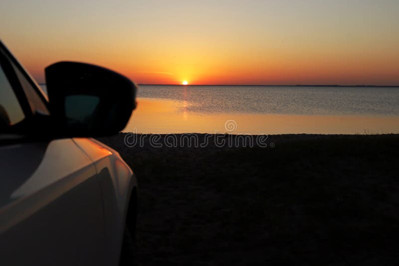 Car at the Sunset on the Sea Bay. Stock Image - Image of seaside ...
