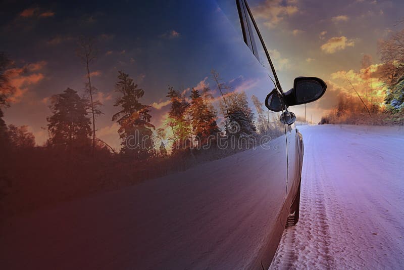 Car at sunset stock image. Image of mountains, mountain - 69618869