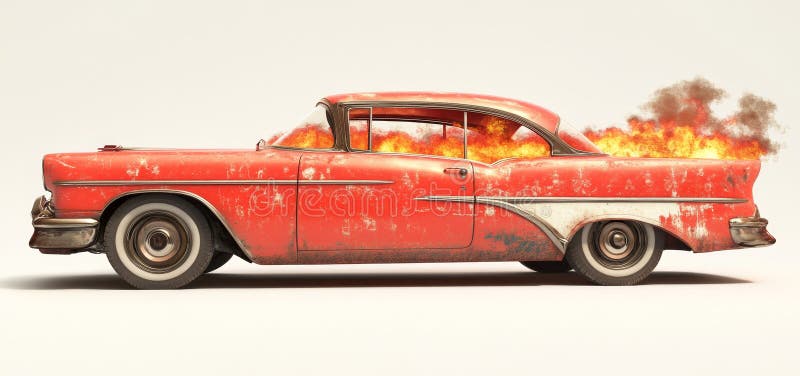 A Car Surrounded by Flames is Shown in Isolation on a Transparent ...