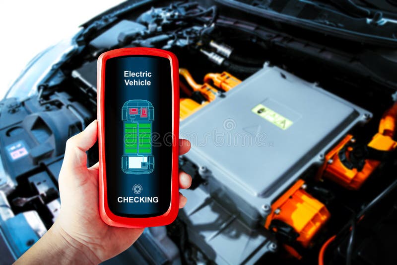 Car Technician Checking Electric Vehicle System Problems with a ...