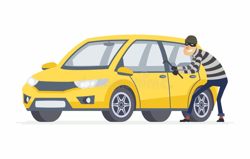 Man Thief Breaking Car Door Isolated On White Stock Vector