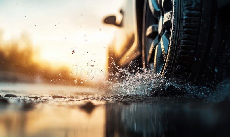 Car Tire Creating Dramatic Splash Driving Puddle Water Road Stock ...