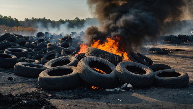 Car Tire Dump, Tire Storage Yard Fire, Black Smoke Rising from the Dump ...