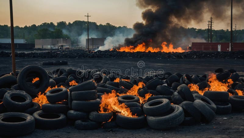 Car Tire Dump, Tire Storage Yard Fire, Black Smoke Rising from the Dump ...