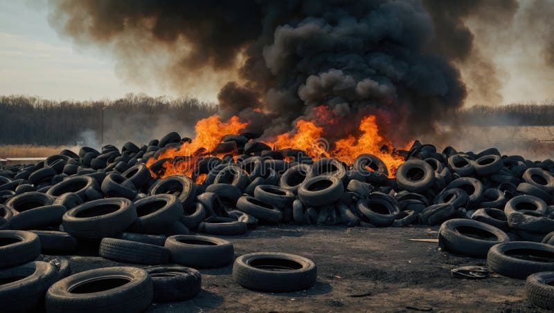 Car Tire Dump, Tire Storage Yard Fire, Black Smoke Rising from the Dump ...