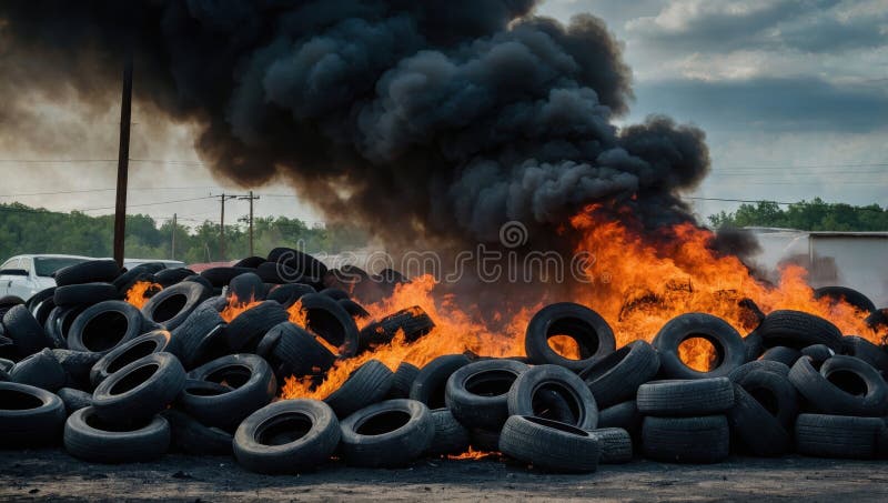 Car Tire Dump, Tire Storage Yard Fire, Black Smoke Rising from the Dump ...