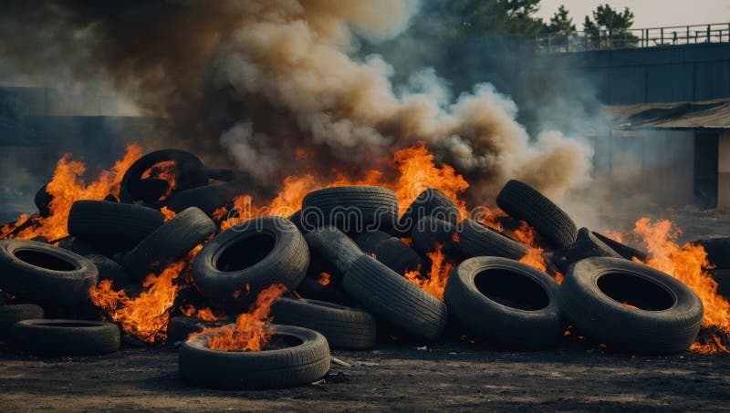Car Tire Dump, Tire Storage Yard Fire, Black Smoke Rising from the Dump ...