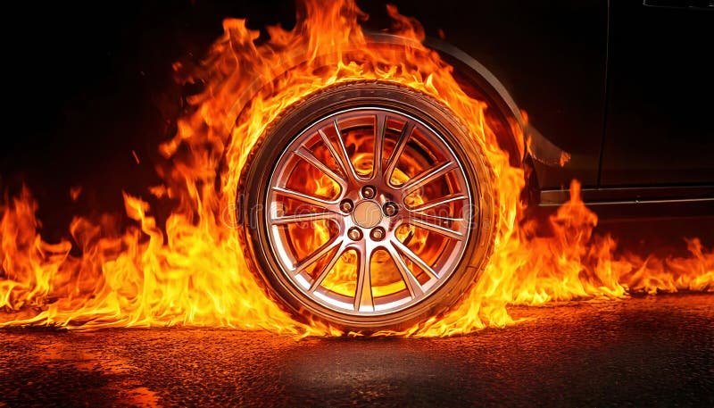 Car Tire Engulfed in Flames on Asphalt Road during a Fire Incident at ...