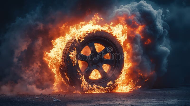 A Car Tire on Fire on the Side of the Road Stock Image - Image of ...