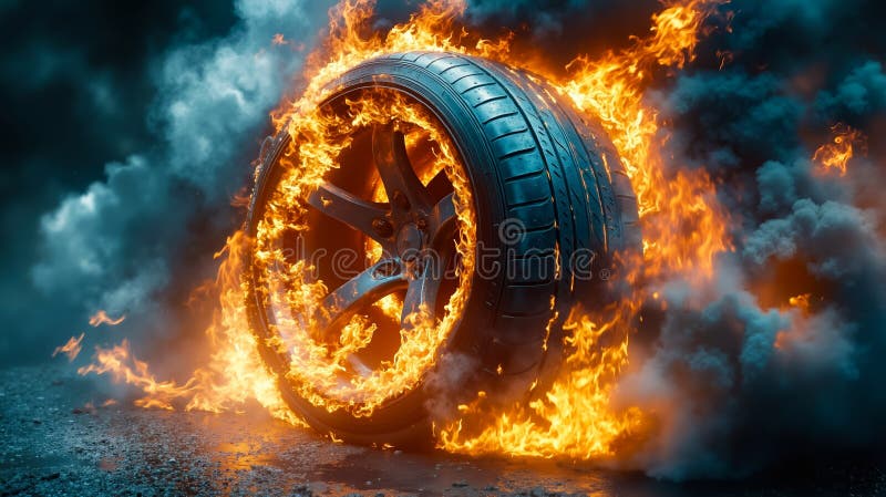 A Car Tire on Fire on the Side of the Road Stock Image - Image of ...