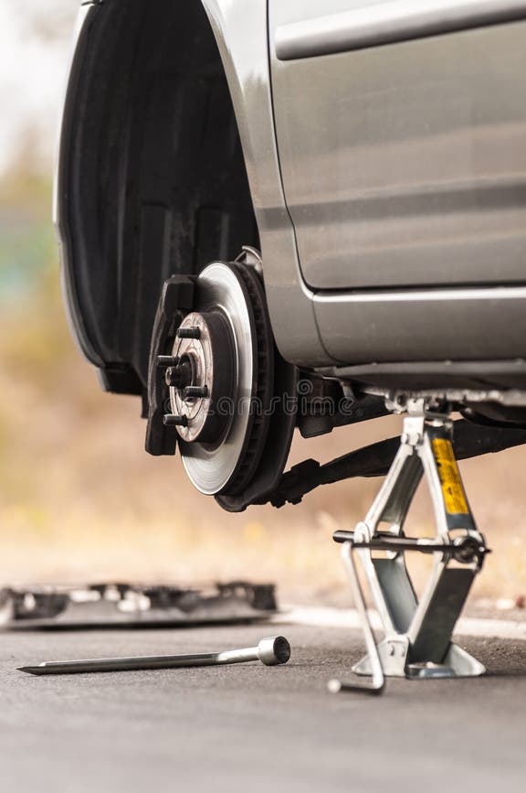 Car without Tire on the Road Stock Image - Image of problem, road: 26343551