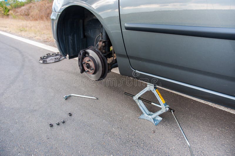 Car without Tire on the Road Stock Image - Image of broken, problem ...