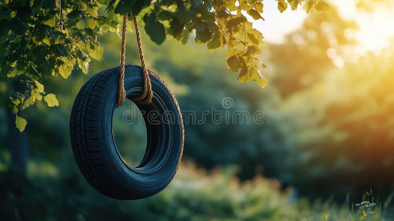 Car Tire on Rope Hanging from Tree Branch Stock Image - Image of ...