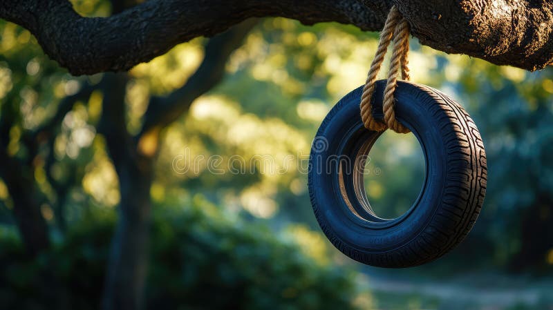 Car Tire on Rope Hanging from Tree Branch Stock Image - Image of ...