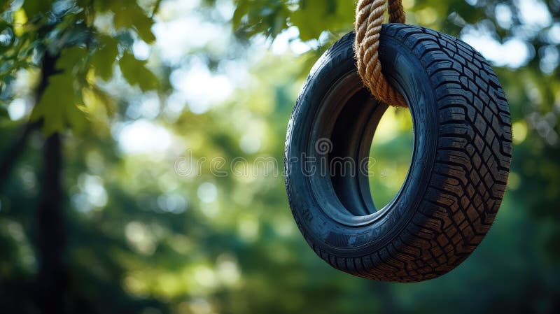 Car Tire on Rope Hanging from Tree Branch Stock Photo - Image of ...