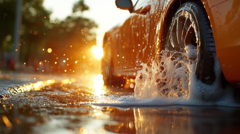 Car Tire Splashing through Water at Sunset – Generative AI Stock ...
