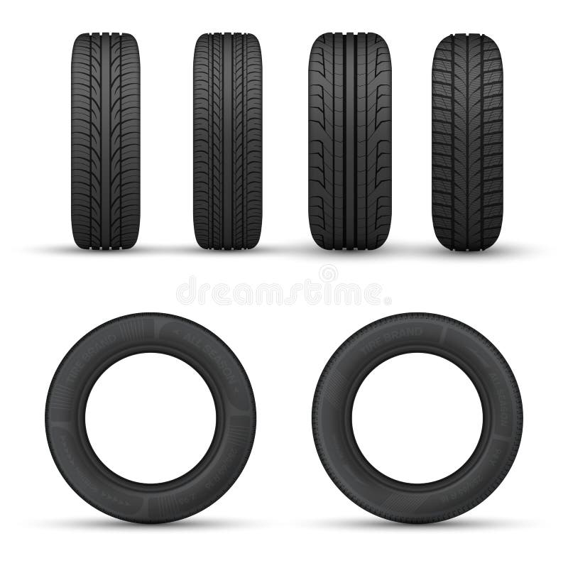 Car Tires with Different Tread Tracks Front Side View Set Realistic ...