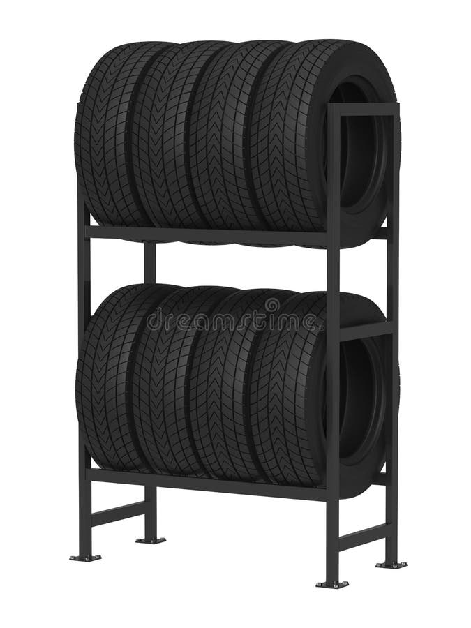 Car Tires on Rack. 3d Illustration. Stock Illustration - Illustration ...