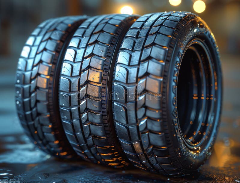 Car Tires are on the Road. a Set of Four Tires in the Center Stock ...
