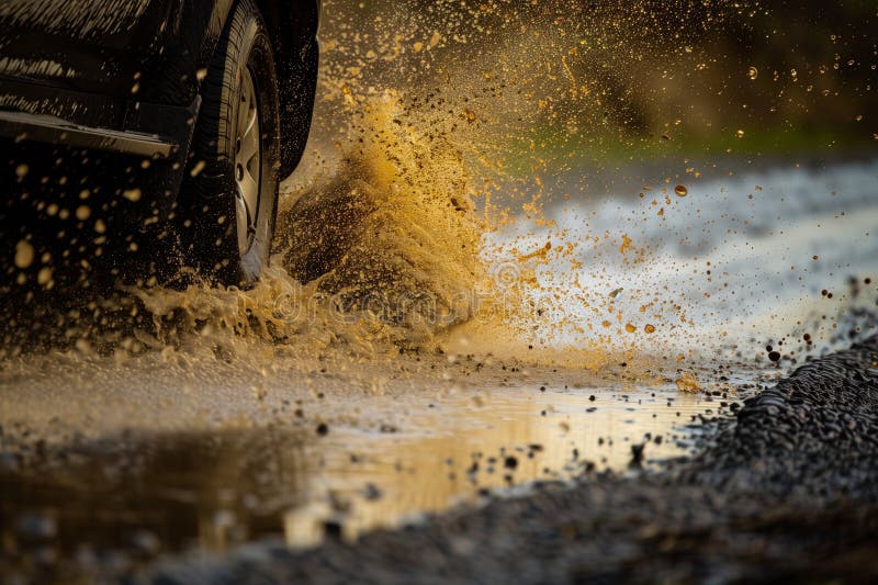 Car Tires Splashing through a Deep Roadside Puddle Stock Photo - Image ...