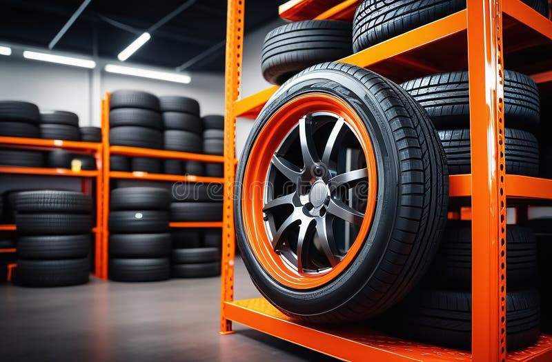 Car Tires in a Store. Orange Showcase with Car Tires Stock Illustration ...