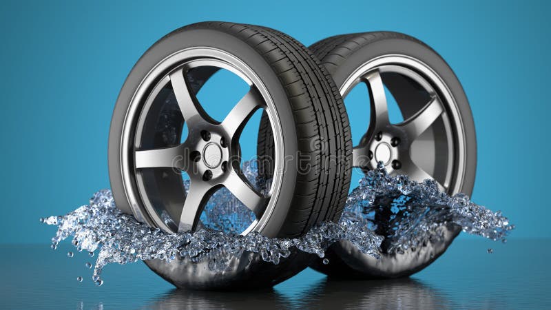 Car Tires and Wheels in Water Splash on a Blue Background. 3d Rendering ...