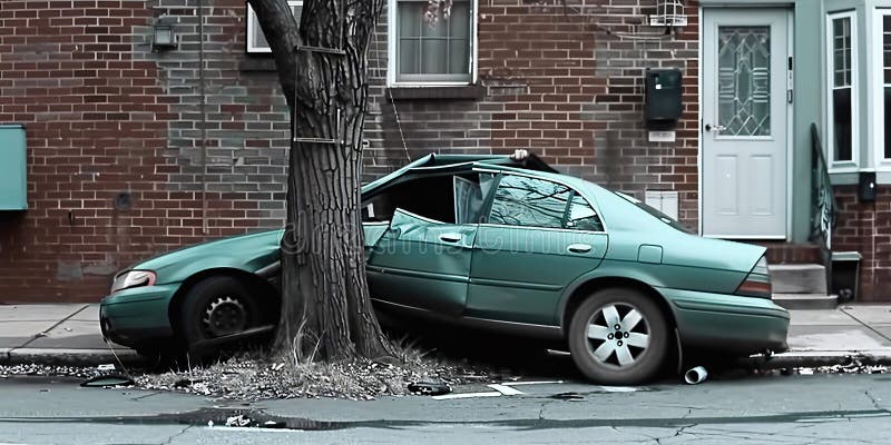 Car Totaled in Head on Collision with Tree Stock Photo - Image of hood ...