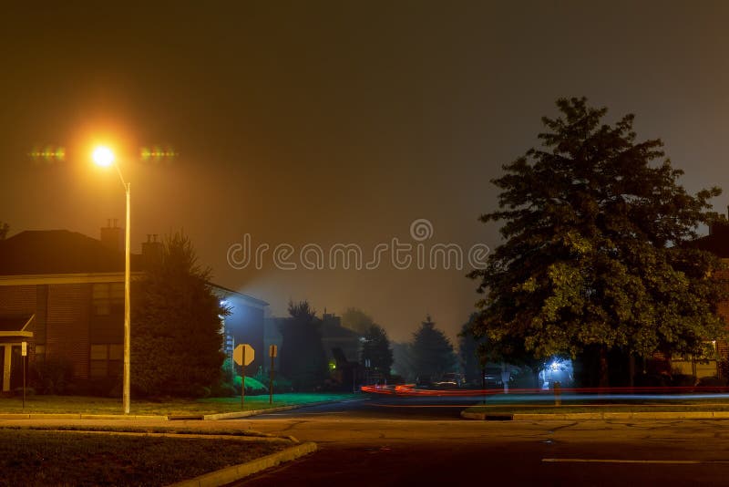 Car Trace on an Empty Night Road in a Fog Stock Image - Image of foggy ...
