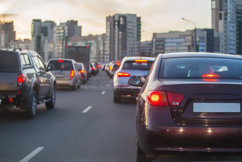 Car in a Big Traffic Jam. Back View Stock Photo - Image of slow, street ...