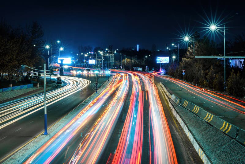 Car Traffic Light at Night City. Stock Image - Image of dusk, highway ...