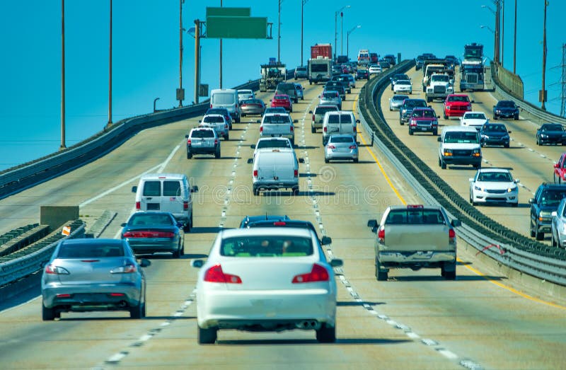 Car Traffic Over a Major Bridge, Empty Road Signs on the Left Side ...