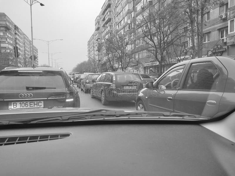 Car Traffic, Pollution, Traffic Jam City Downtown Bucharest, Romania ...