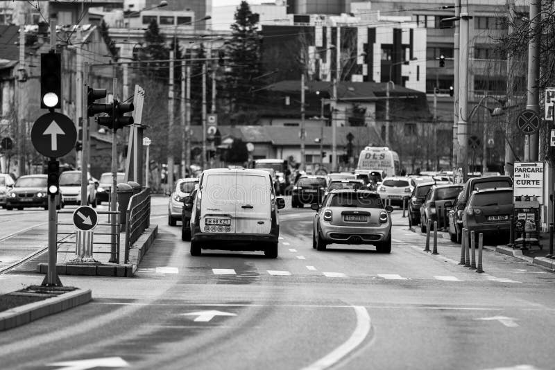 Car Traffic, Pollution, Traffic Jam City Downtown Bucharest, Romania ...
