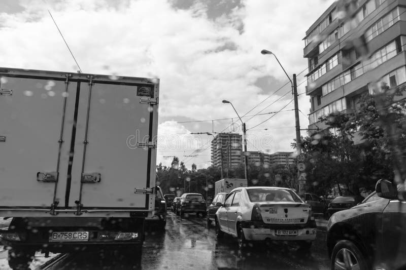 Car Traffic, Pollution, Traffic Jam City Downtown Bucharest, Romania ...