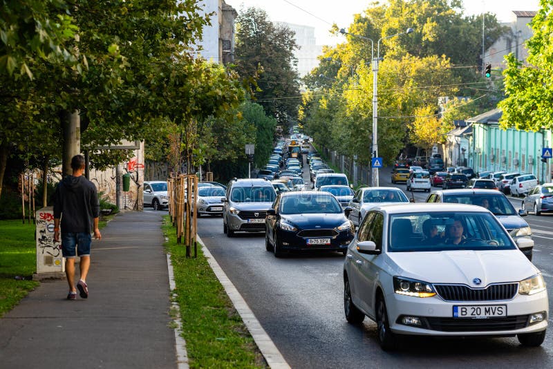Car Traffic at Rush Hour. Car Pollution, Traffic Jam in Bucharest ...