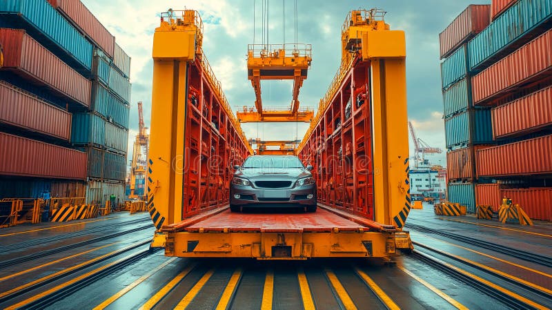 A Car Transported on a Special Platform Surrounded by Many Containers ...