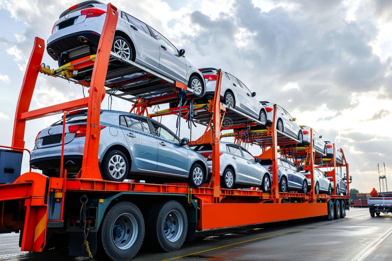 Car Transporter Loaded with New Vehicles on a Highway Under a Cloudy ...
