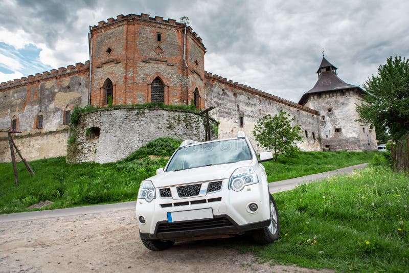 Car Travel Concept Suv in Front of Old Castle Stock Photo - Image of ...