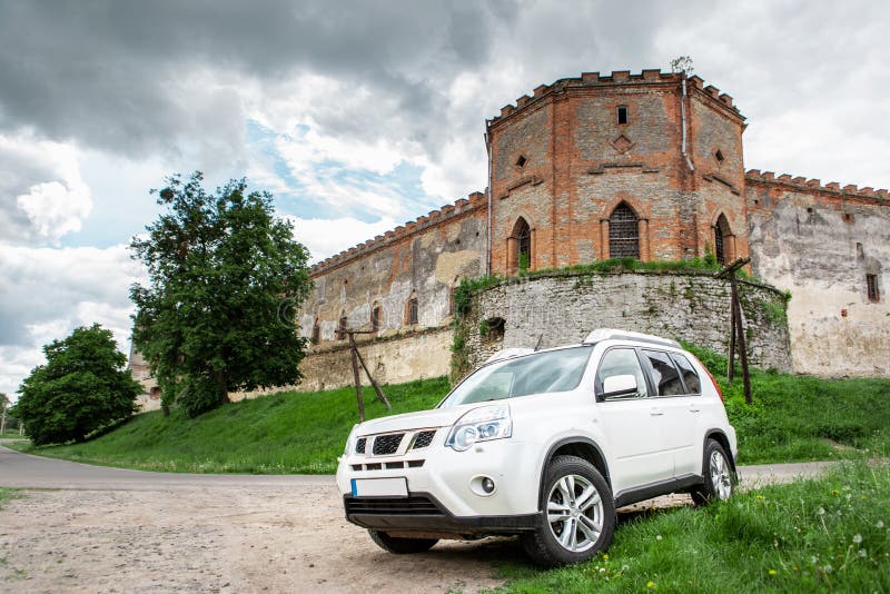 Car Travel Concept Suv in Front of Old Castle Stock Photo - Image of ...