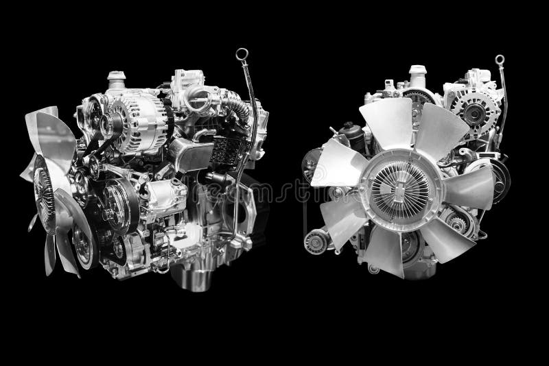 Car Truck Engine Front and Side View Set Isolated on Black Stock Image ...