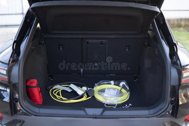 Car Trunk Charging Cables Electric Charger Modern Interior Stock Photos ...