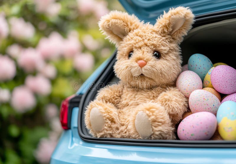 From a Car Trunk Overflowing with Easter Eggs, a White Easter Bunny ...