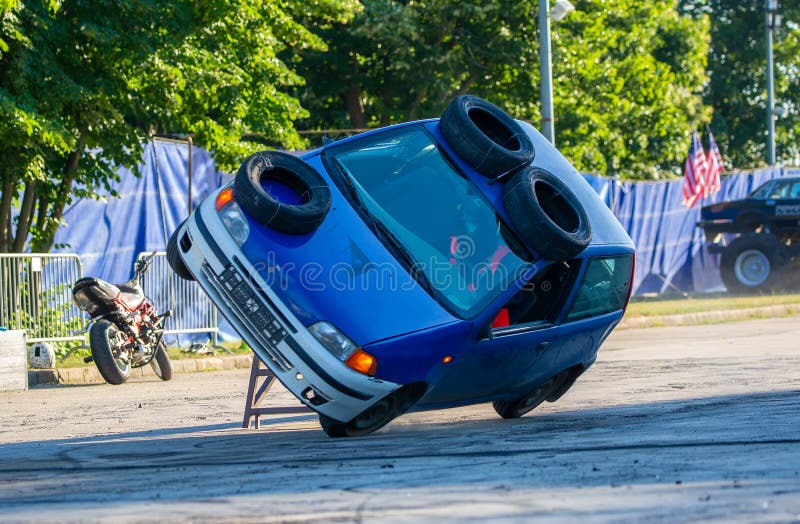 Car Turn Over Right Now in Street Stock Image - Image of rollover, town ...