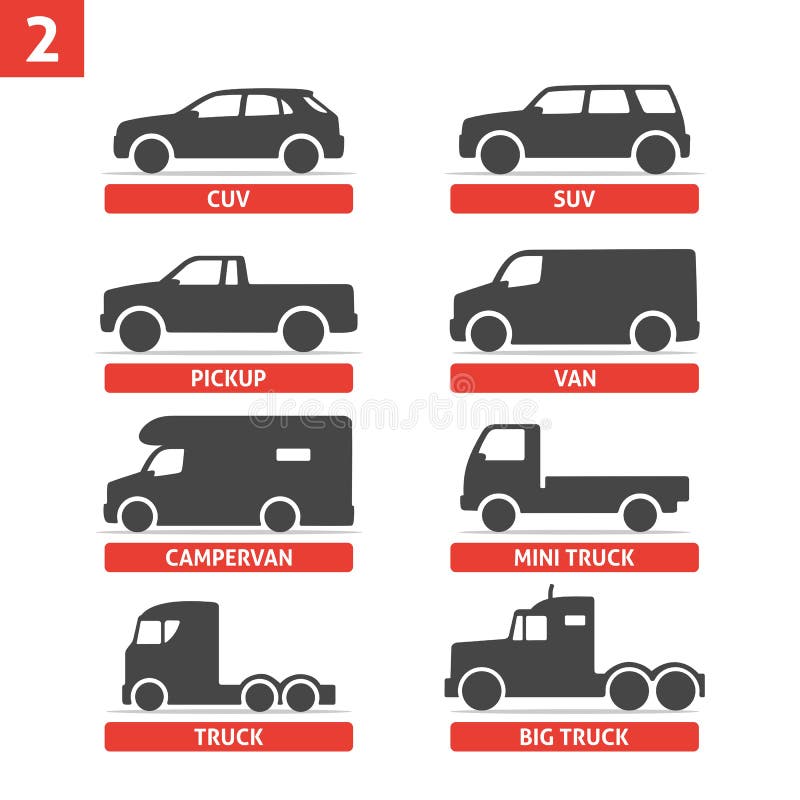 Car Type and Model Objects Icons Set, Automobile. Vector Black ...