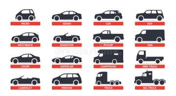 Car Type and Model Objects Icons Set, Automobile. Vector Black ...