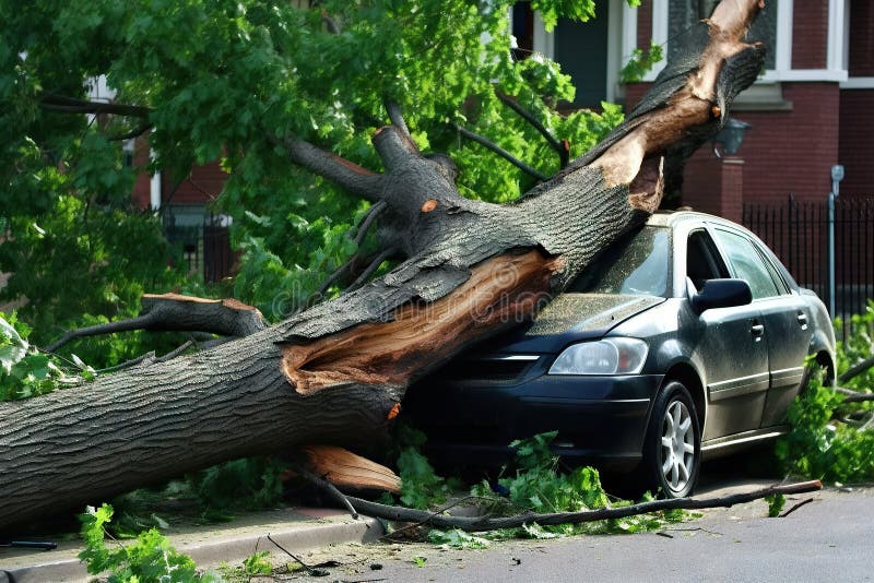 Car Under a Fallen Tree after Big Storm. Generative AI Stock ...