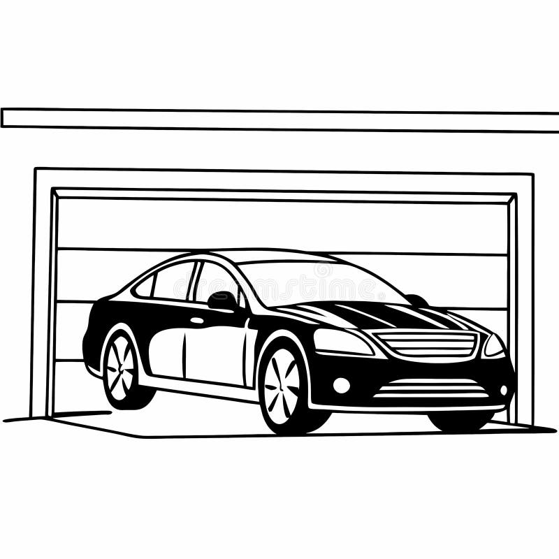 Car Under the Garage. Vector Illustration in Black and White Colors ...