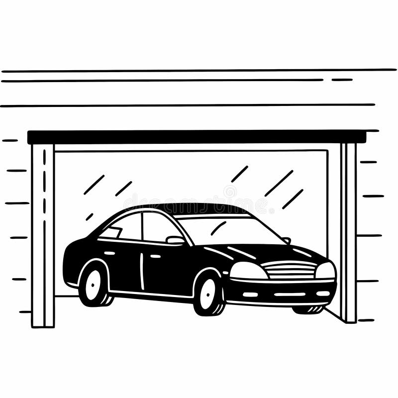 Car Under the Garage. Vector Illustration in Black and White Colors ...